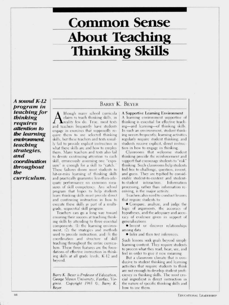 Common Sense About Teaching Thinking Skills | PDF | Curriculum | Teachers