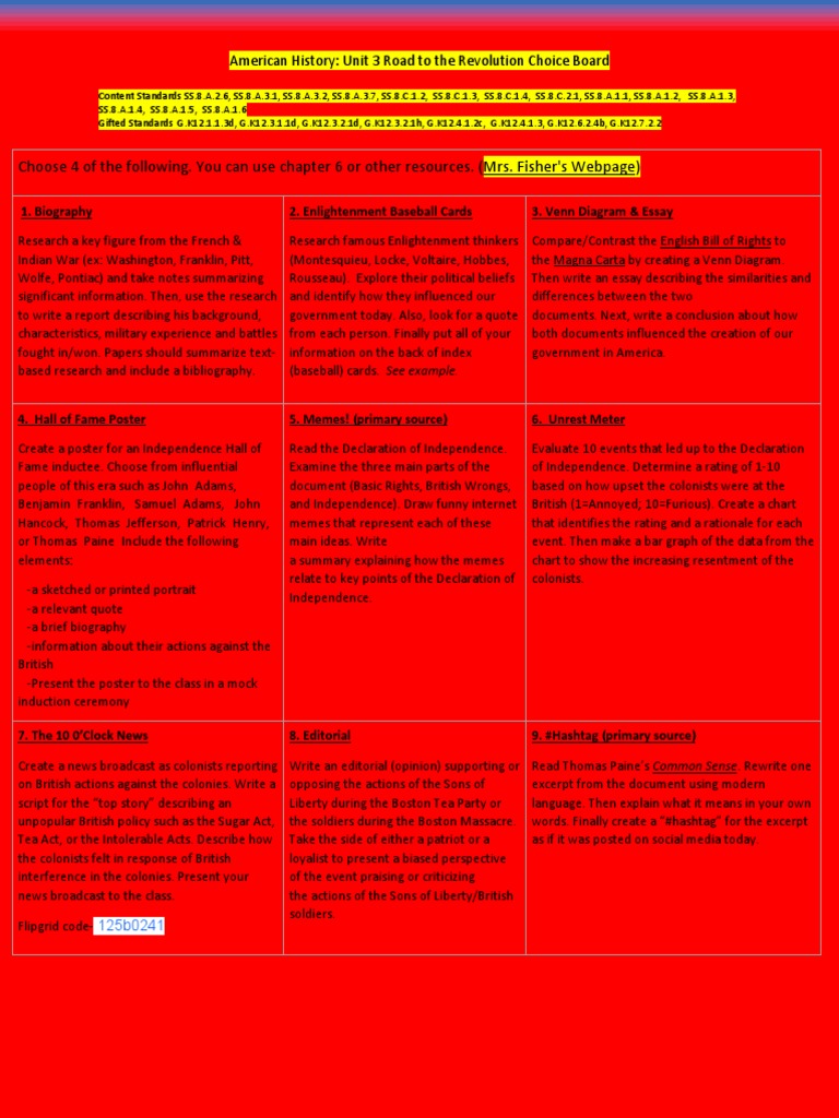 Road to Revolution Choice Board Activities | PDF | History
