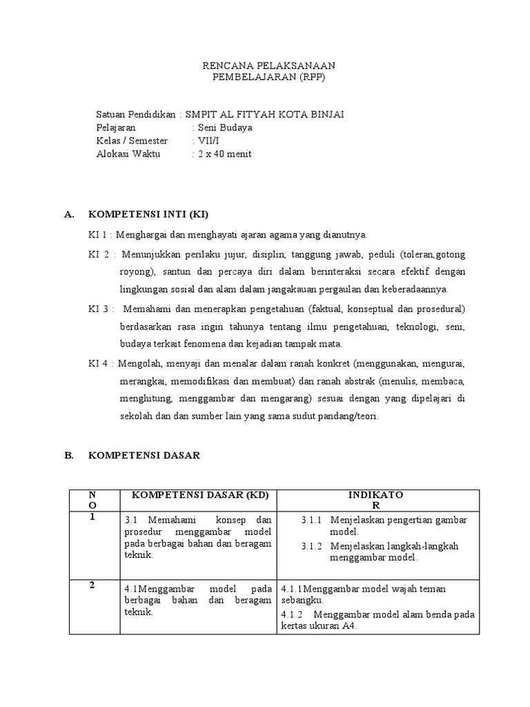 RPP Seni Budaya Kelas VII SMPIT Al Fityah | PDF
