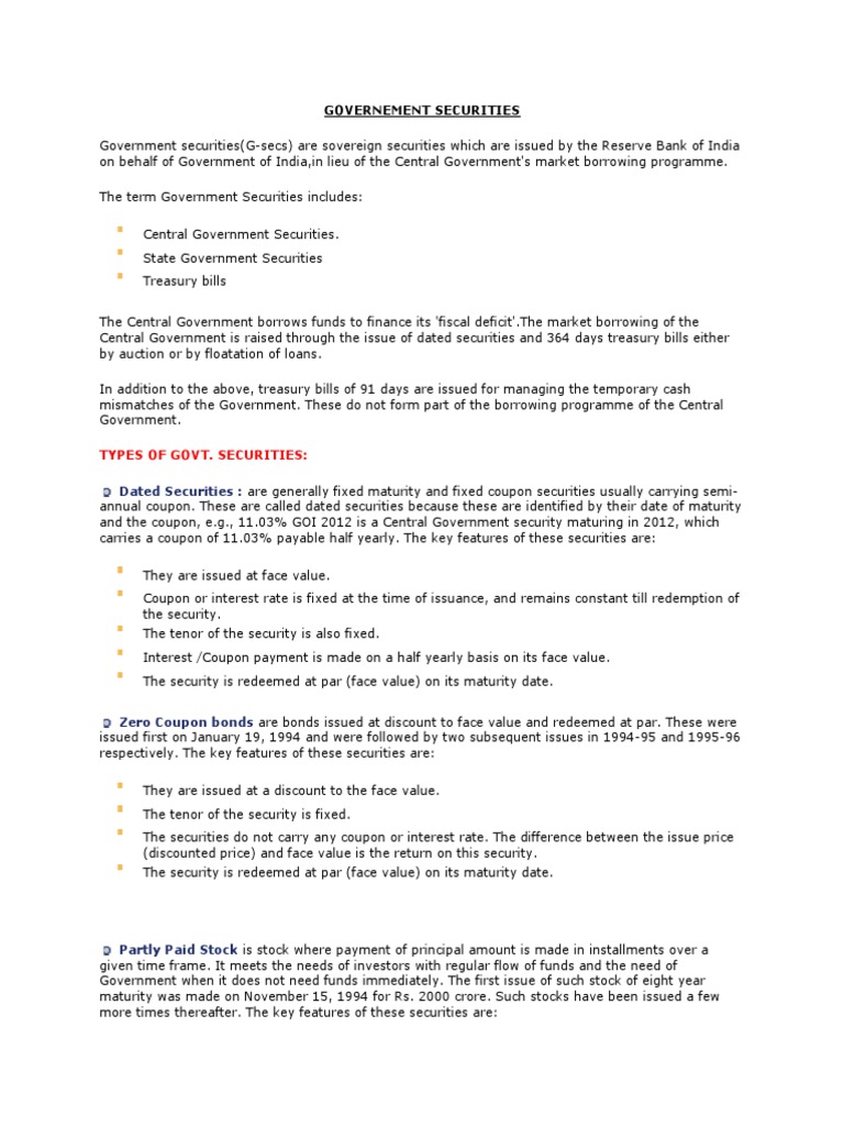 Governement Securities: Types of Govt. Securities | PDF | Bonds ...