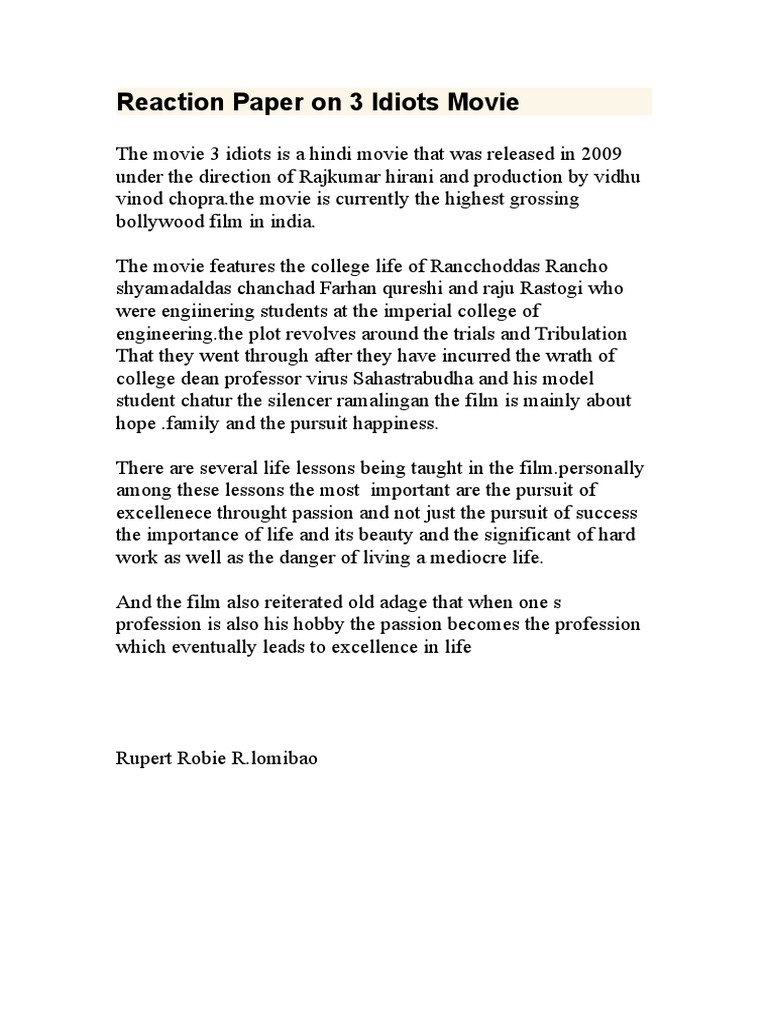 Reaction Paper On 3 Idiots Movie Lomibao | PDF