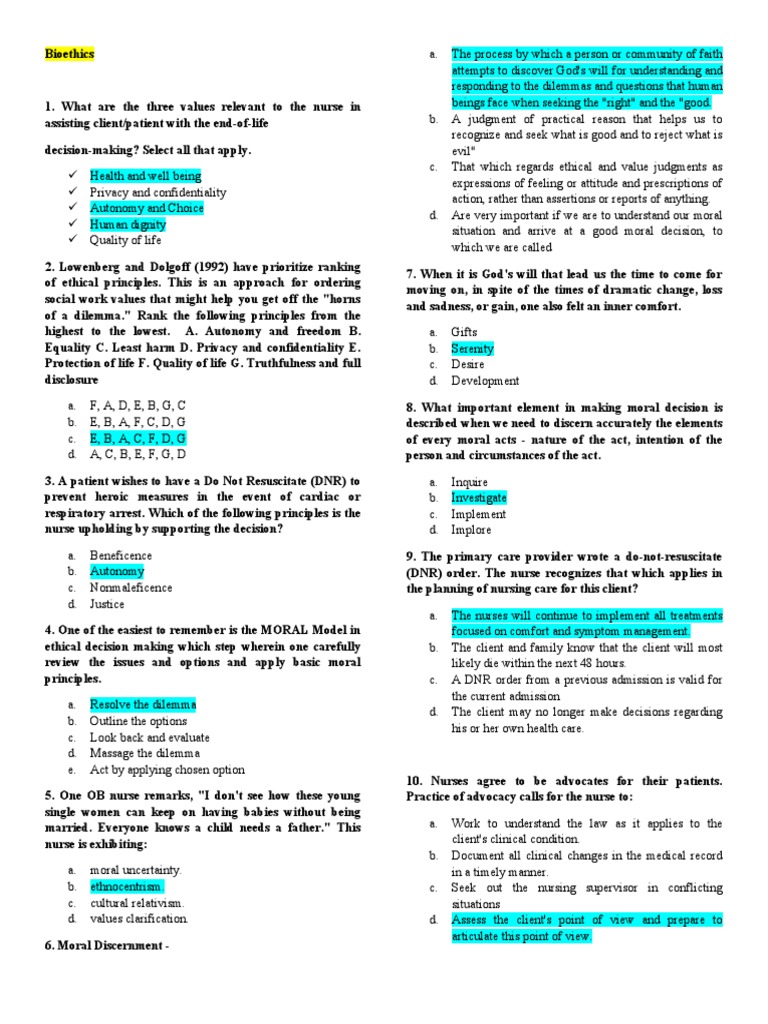 Bioethics Quiz | PDF | Autonomy | Nursing