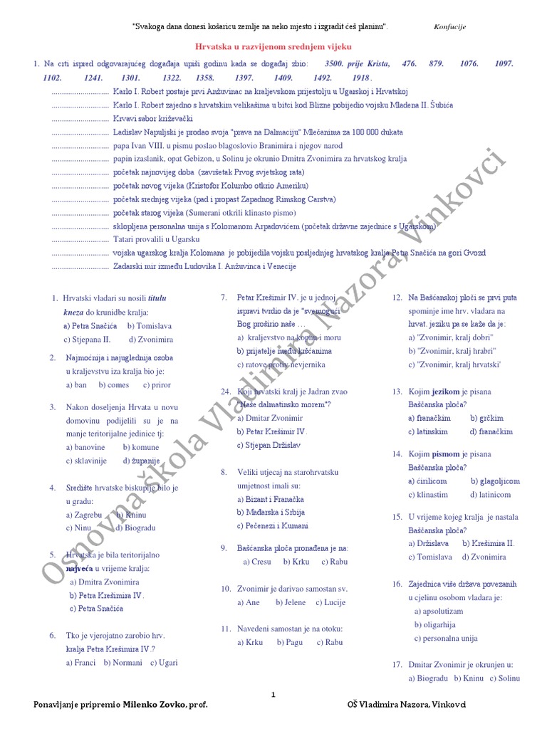 Raz. Povijest Ponavljanje Za Drugi Ispit Hrvatska U Razvijenom Srednjem Vijeku 2021 | PDF