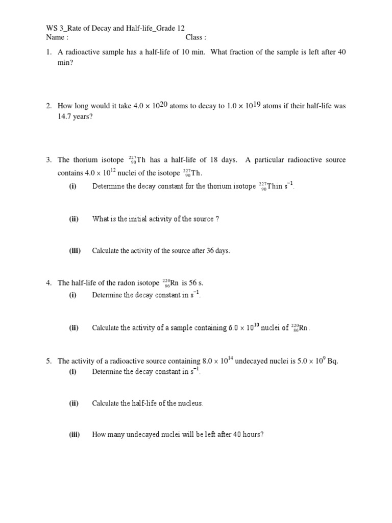 Half-Life and Decay Calculations Worksheet | PDF
