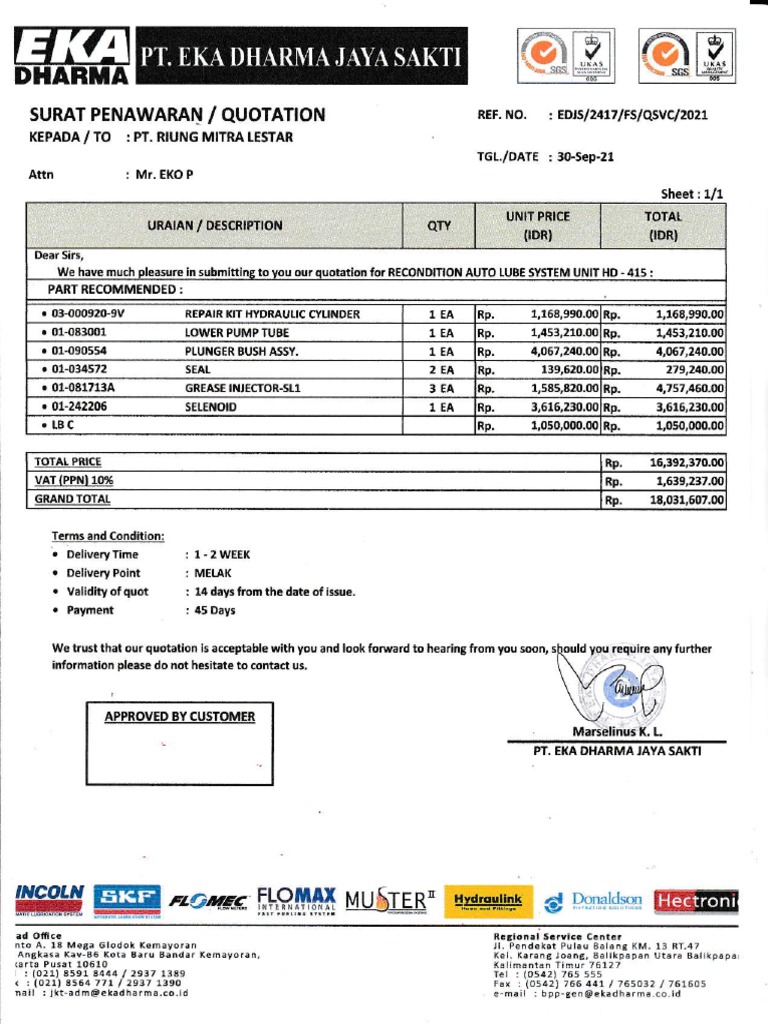 Quotation for Auto Lube System Reconditioning | PDF
