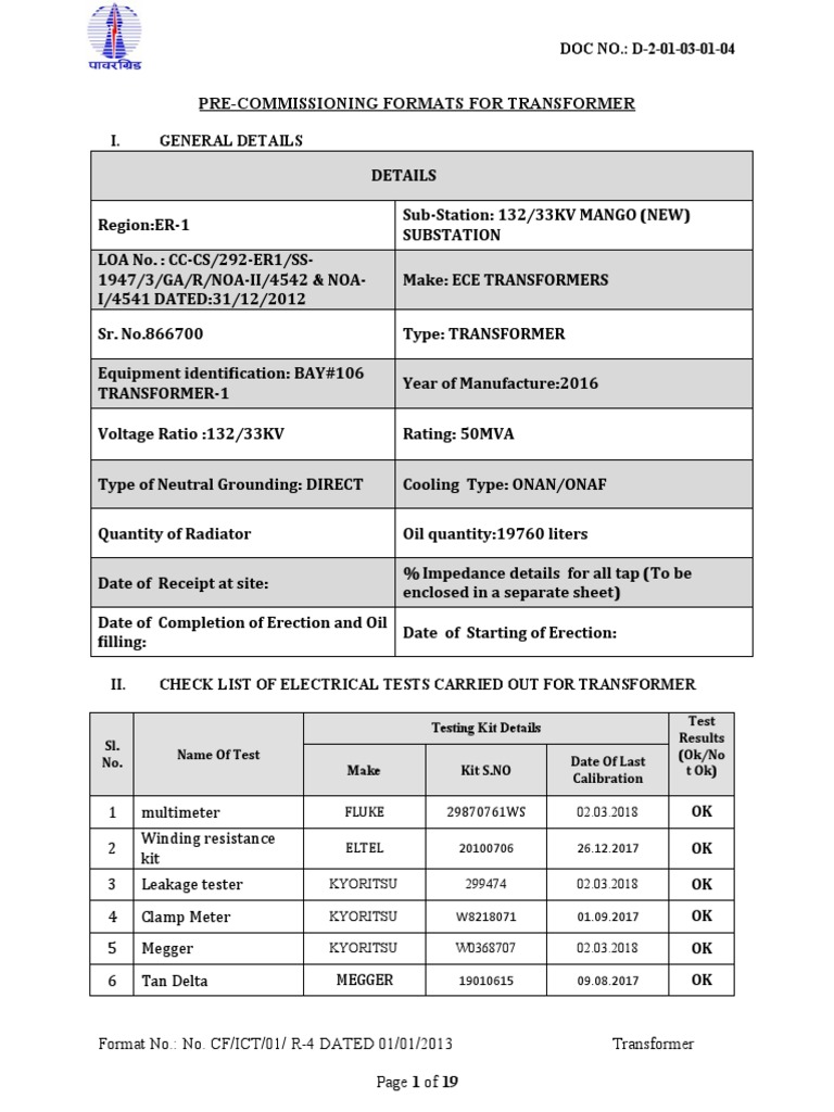 Pre-Commissioning Checklist and Test Results for 50MVA 132/33kV ...