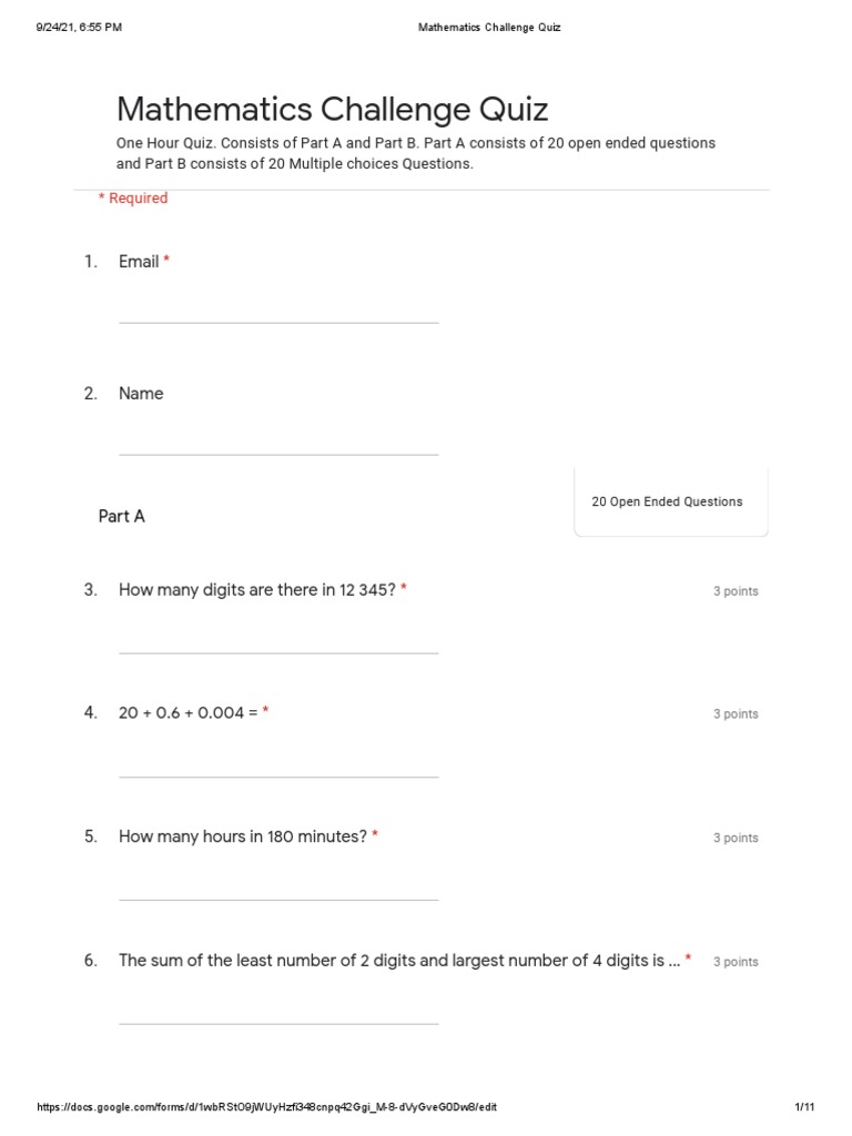 Mathematics Challenge Quiz: 20 Open Ended Questions and 20 Multiple ...
