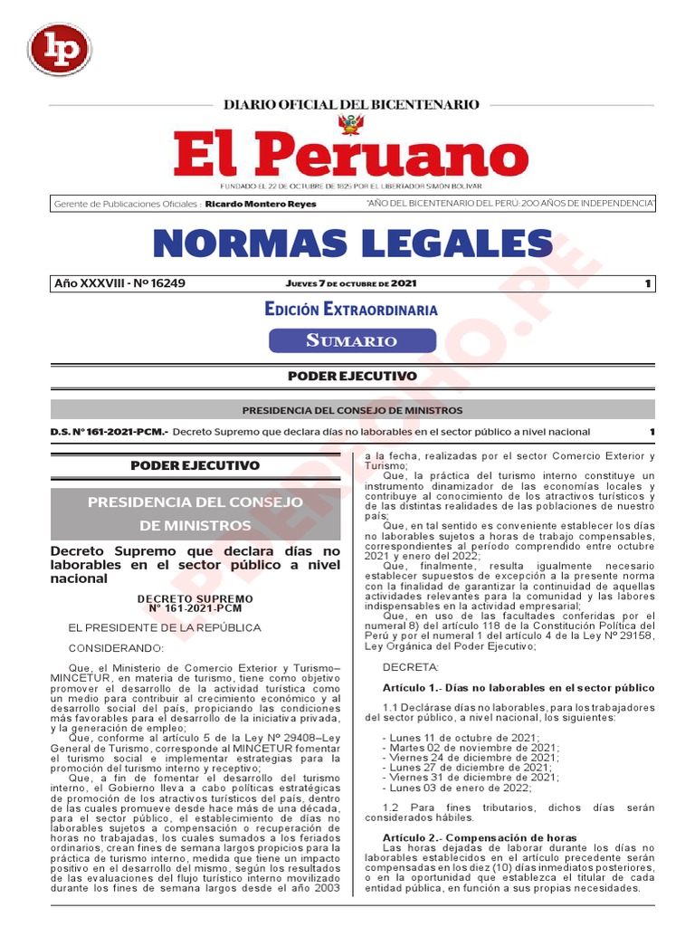 Decreto Supremo 161 2021 PCM LPDerecho | PDF | Turismo | Perú