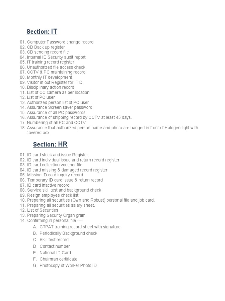 C-Tpat Checklist Section Wise | PDF | Identity Document | Security Guard