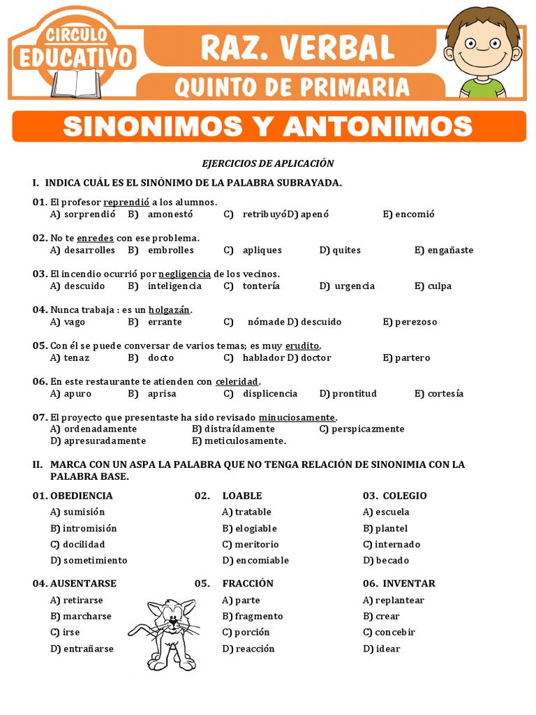 Hojas De Trabajo De Sinónimos Y Antónimos De Quinto Grado
