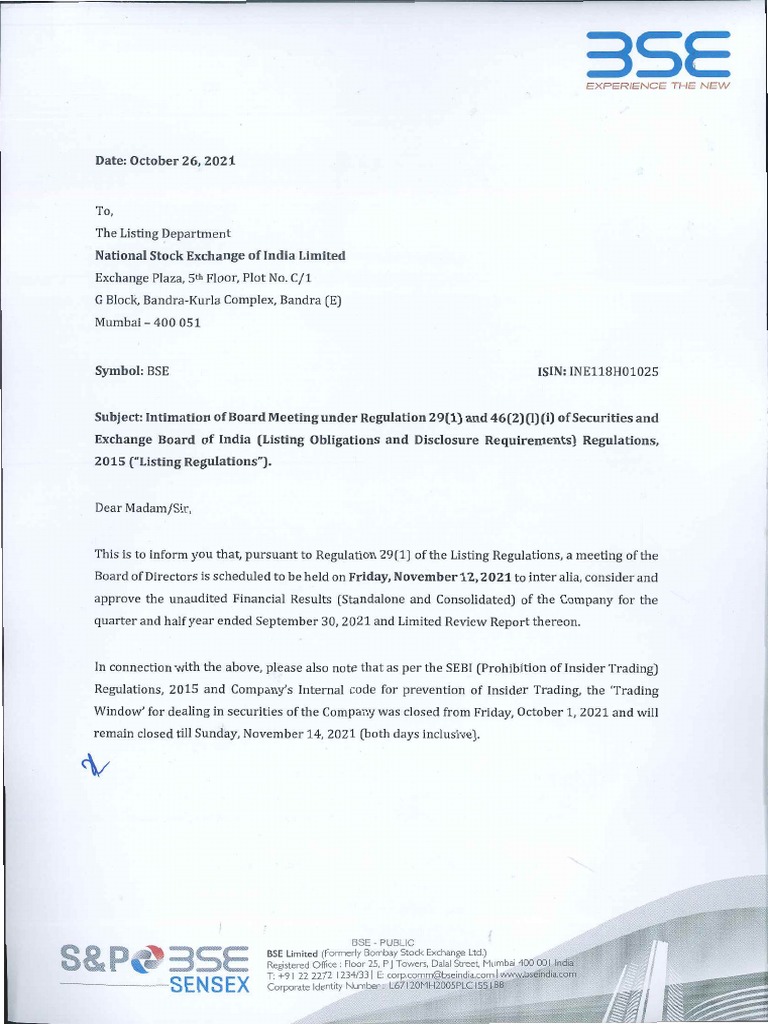 BSE Board Meeting Notice for Q2 Results | PDF | Financial Markets ...