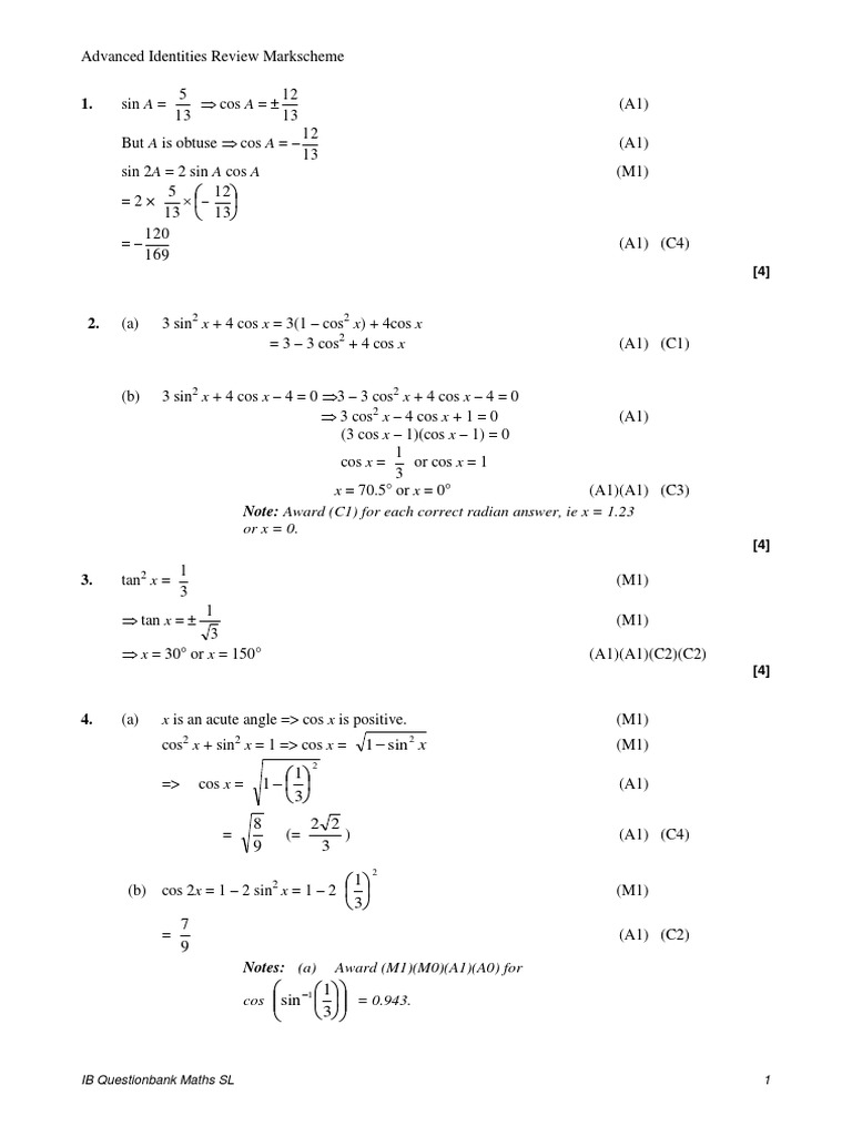 Advanced Identities Review Markscheme | PDF | Trigonometric Functions ...