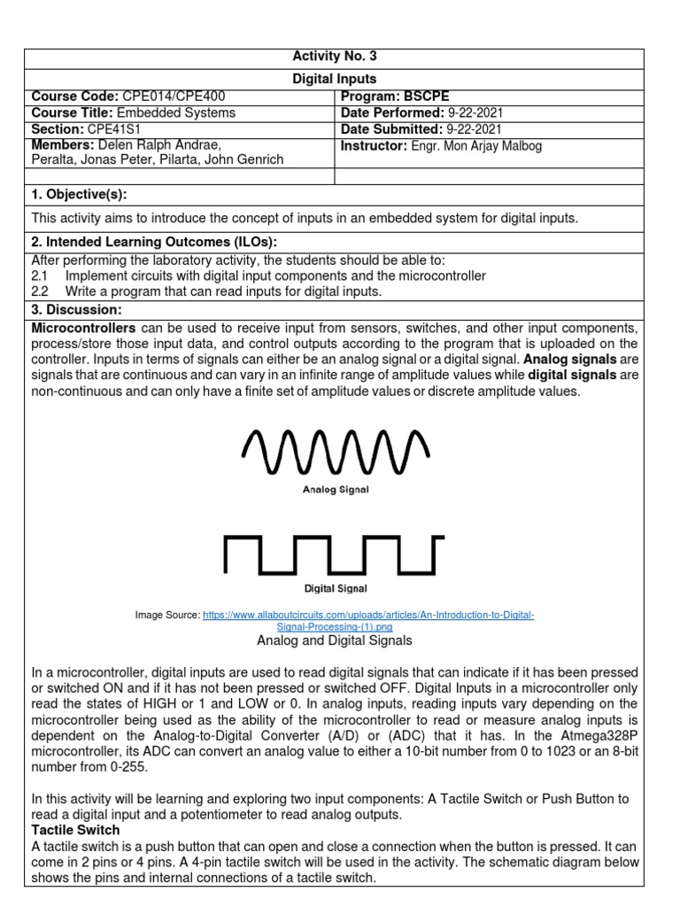 Activity 4 - Digital Inputs | PDF | Analog To Digital Converter ...