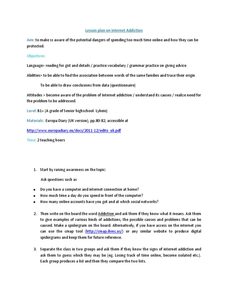 Lesson Plan Internet Addiction | PDF | Internet | Lesson Plan