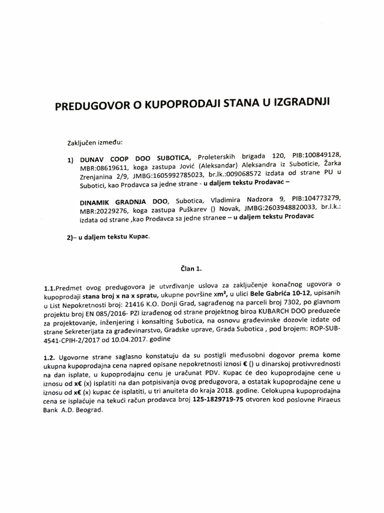 Primer Kupoprodajnog Predugovora | PDF