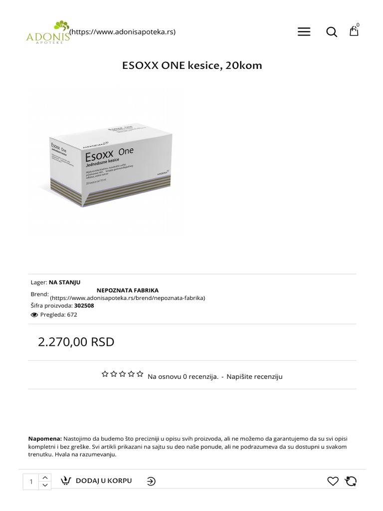 ESOXX ONE Kesice, 20kom - 302508 - Online Apoteka | PDF