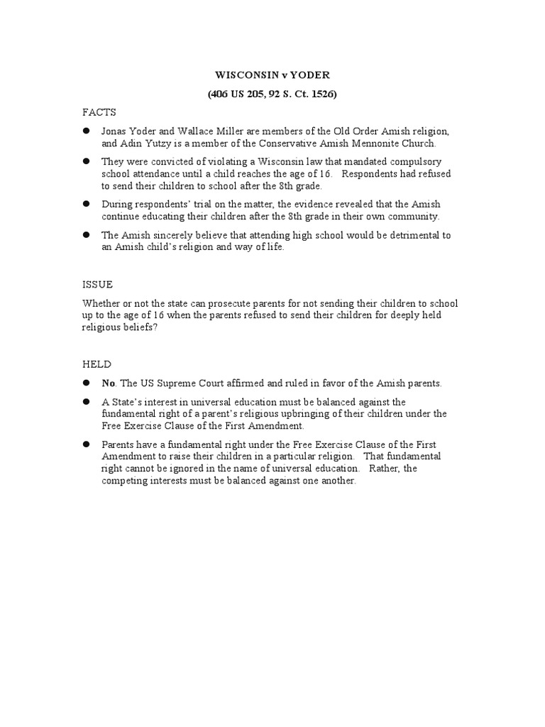 Wisconsin V Yoder Case Brieeeeef | PDF | Wellness
