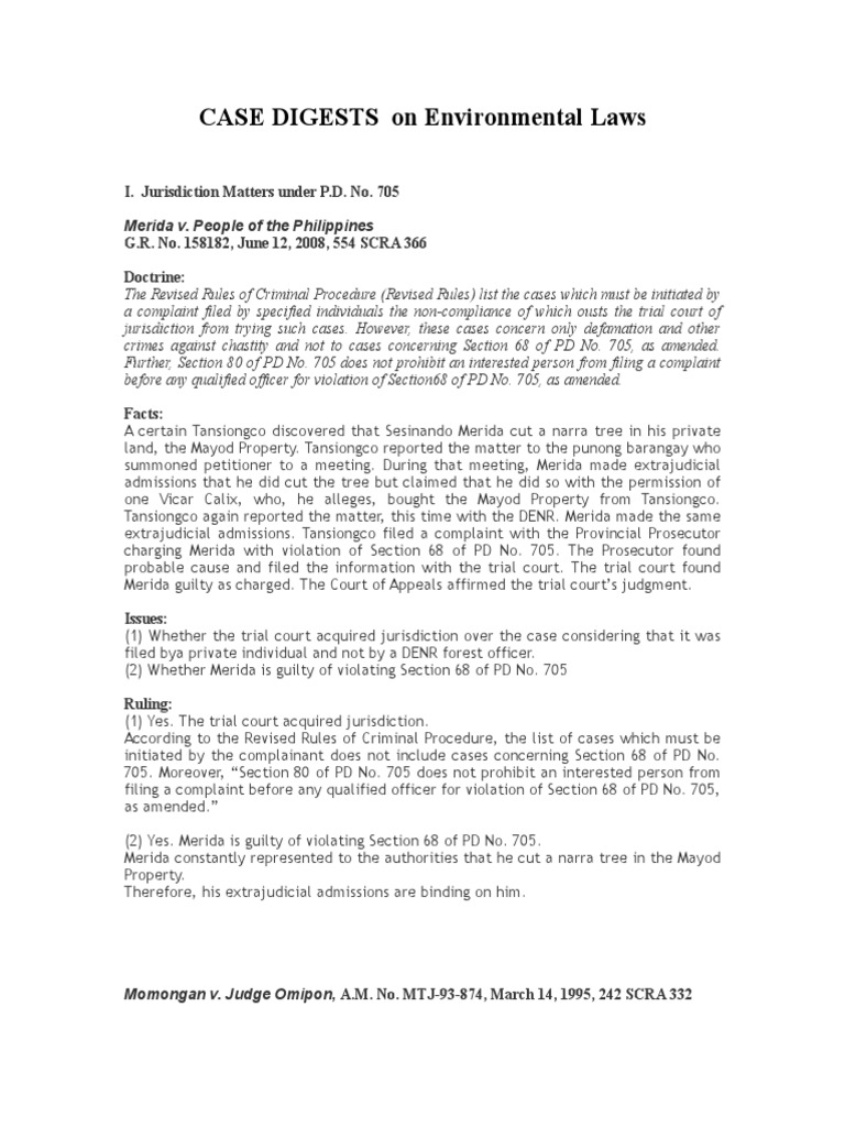 CASE DIGESTS On Environmental Laws | PDF | Complaint | Crime & Violence