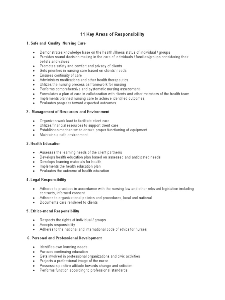 11 Key Areas of Responsibility | PDF | Nursing | Health Education