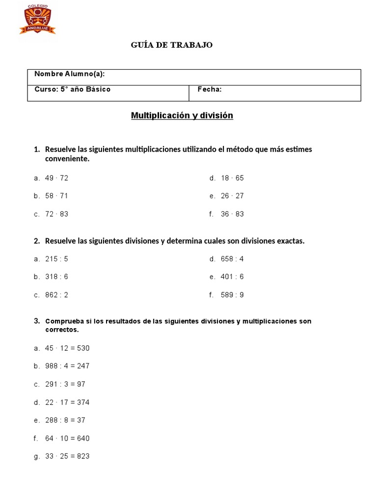 Guía de Multiplicaciones y Divisiones 5° Básico | PDF | Métodos y ...