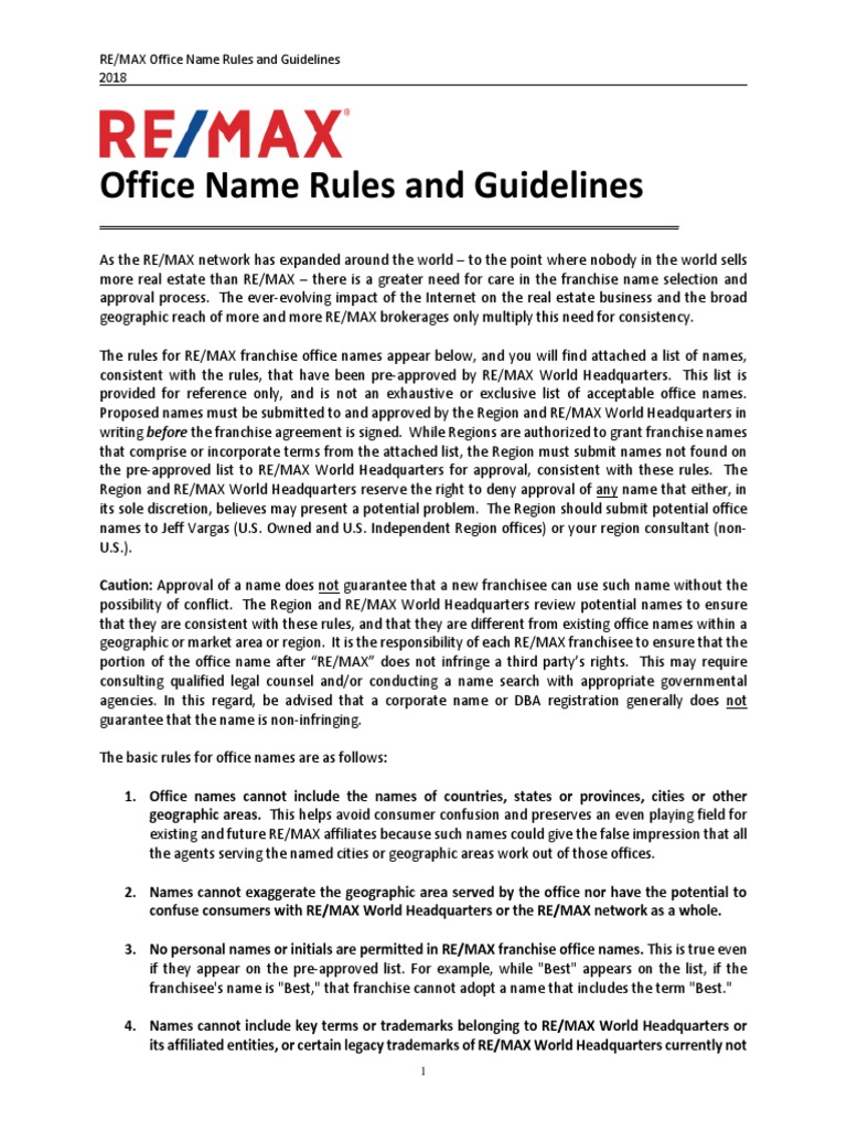Office Name Guidelines 2018 v2 | PDF | Franchising | Real Estate Broker