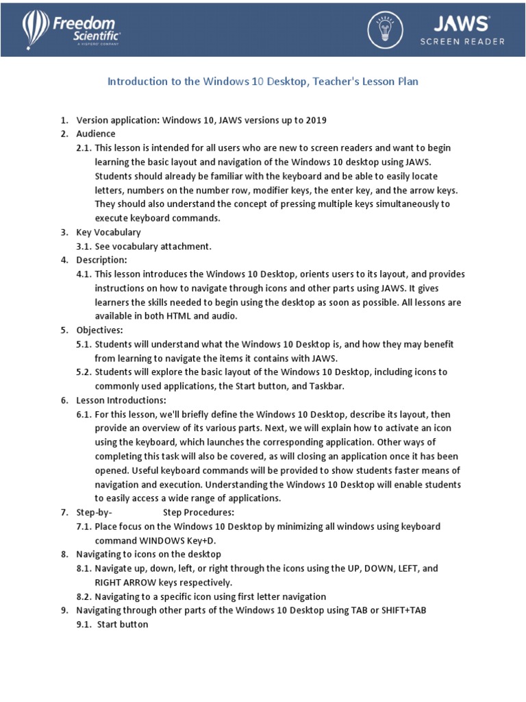 Introduction To The Windows 10 Desktop With JAWS Lesson Plan | PDF ...