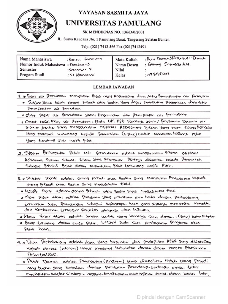 Jawaban UTS Pajak Dan Retribusi Daerah | PDF