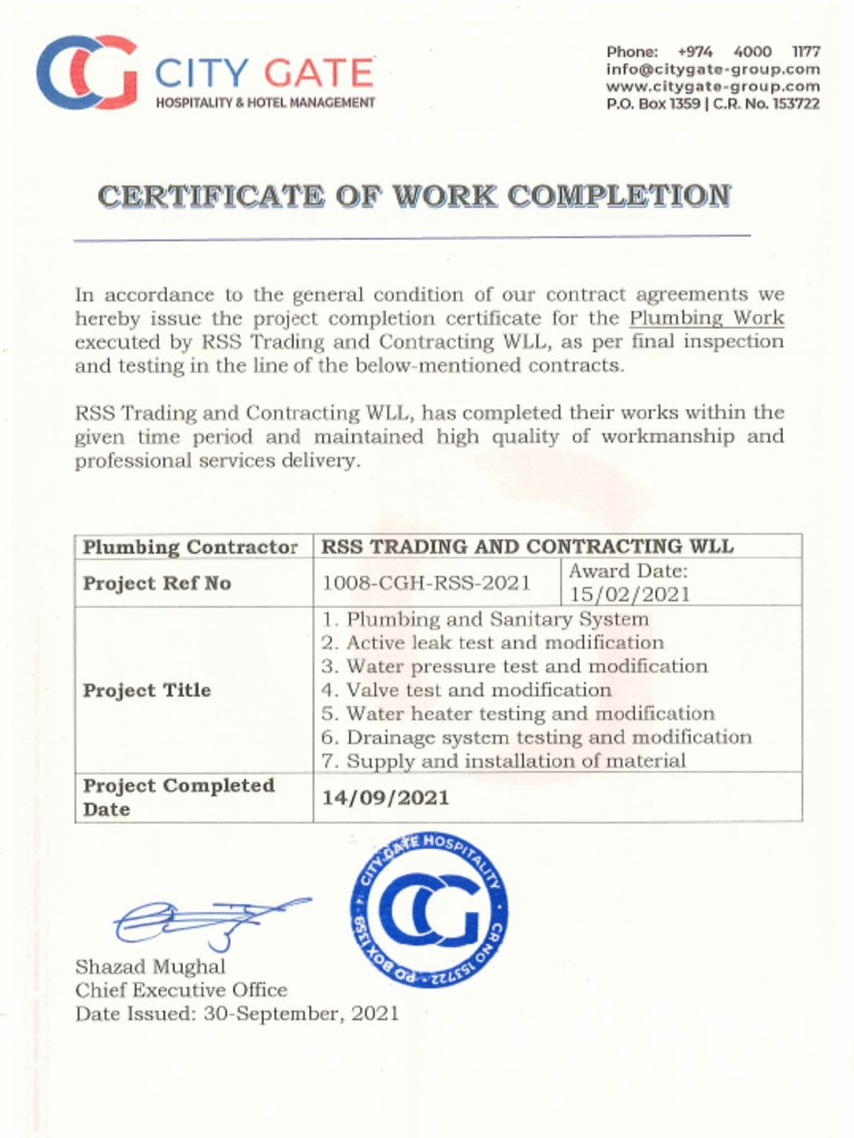 Plumbing Contractor Certificate | PDF