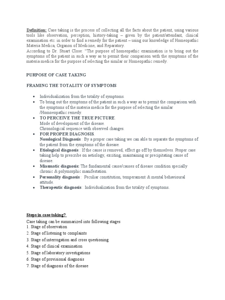 Case Taking (Case Taking Definition & PurposeFile) | PDF | Homeopathy ...