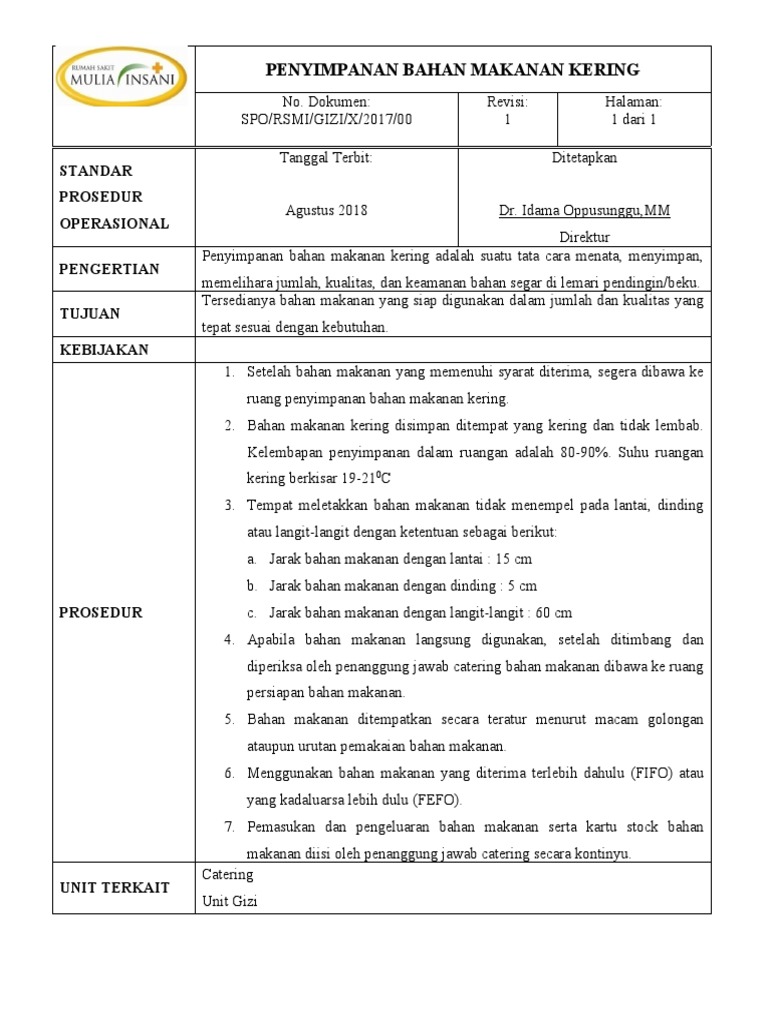 SOP 006 Penyimpanan Bahan Makanan Kering | PDF