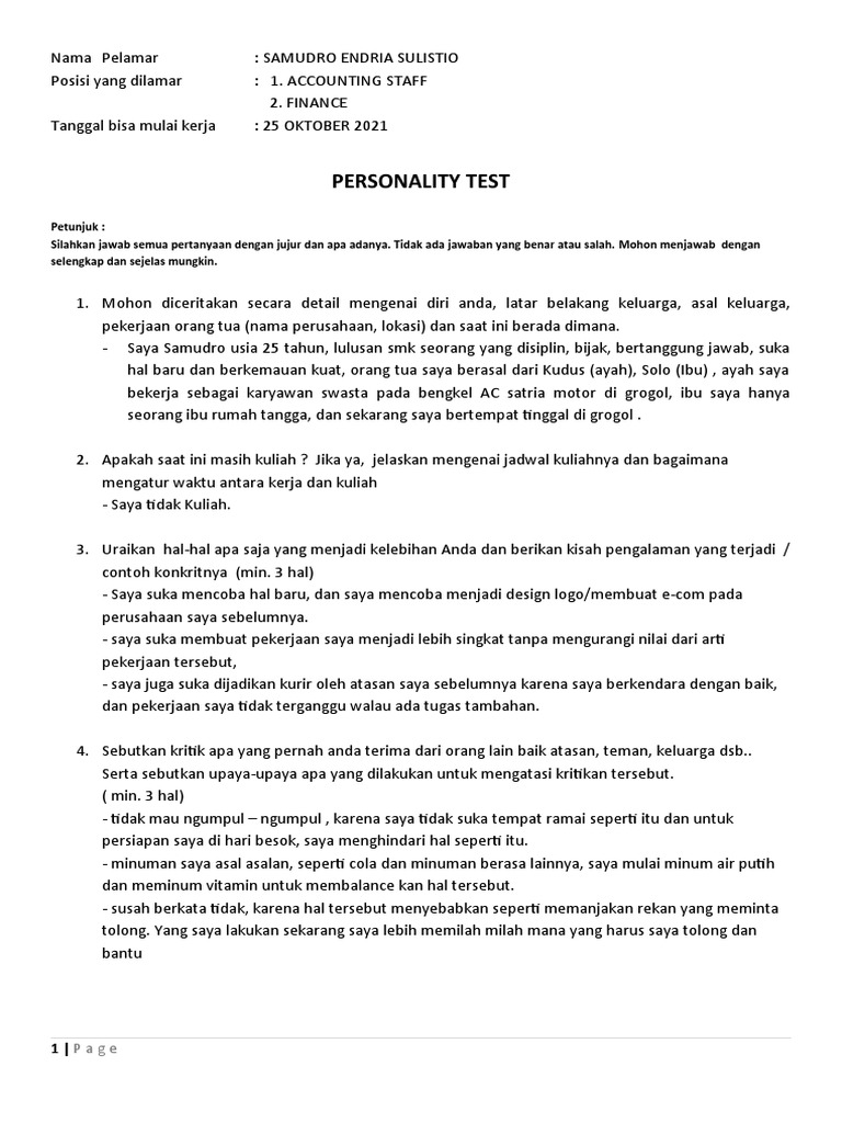 Tes Personality - Long Form | PDF