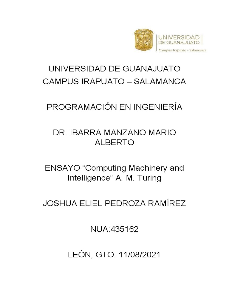 ENSAYO "Computing Machinery and Intelligence" A. M. Turing | PDF ...