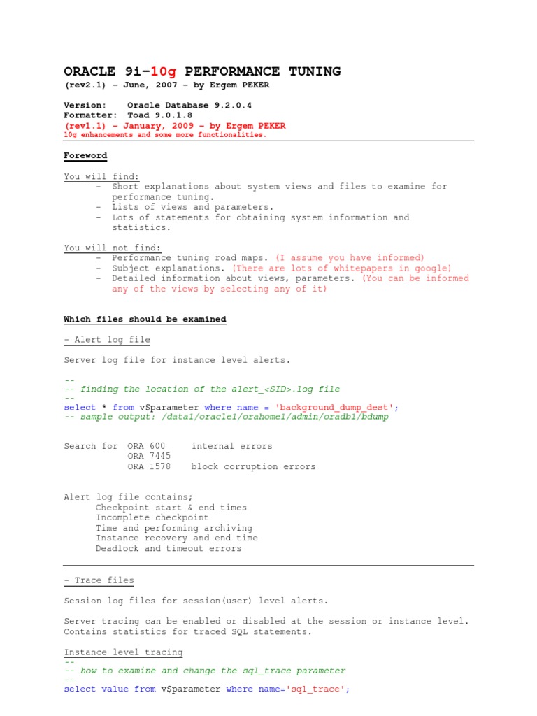 Oracle 9I-Performance Tuning: (Rev1.1) - January, 2009 - by Ergem PEKER | PDF | Oracle Database ...