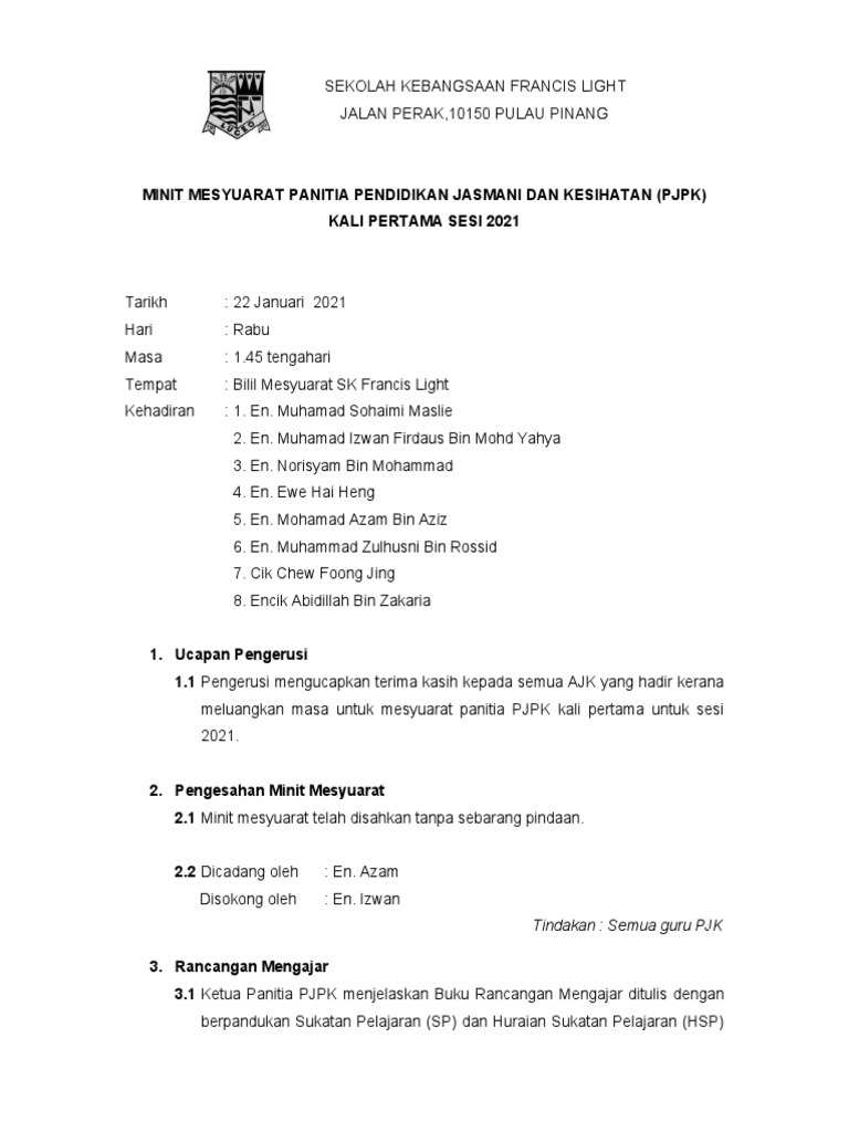 Minit Mesyuarat Pertama PJPK SKFL 2021 | PDF