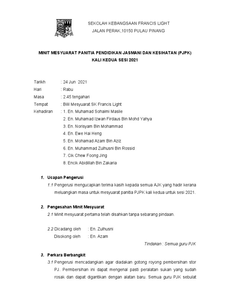 Contoh Minit Mesyuaran Pendidikan Jasmani Dan Kesihatan Kali Kedua - JurticerilMayo