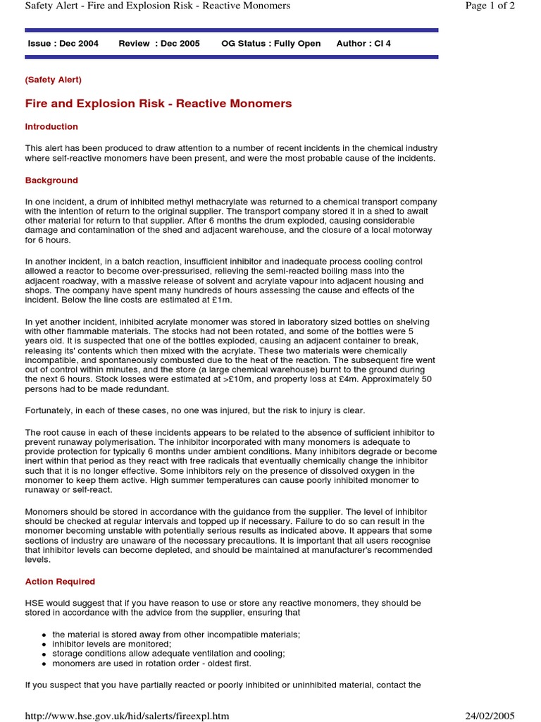 Safety Alert - Fire and Explosion Risk - Reactive Monomers | PDF ...