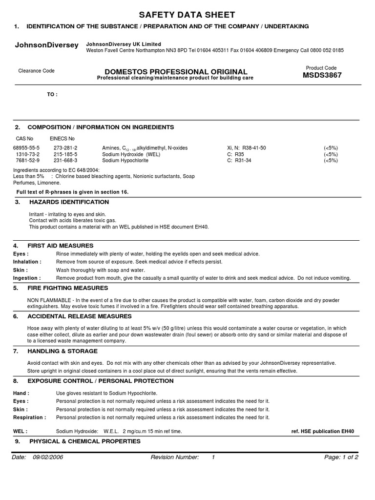 Safety Data Sheet: Johnsondiversey | PDF | Sodium Hydroxide | Chemistry
