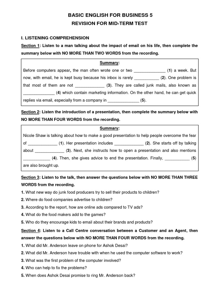 Basic English For Business 5: Revision For Mid-Term Test | PDF ...