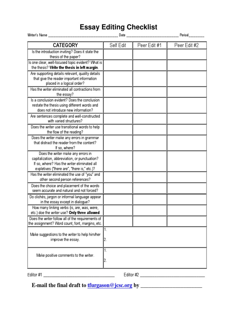 Essay Editing Checklist & Rubric | PDF | Essays | Writers