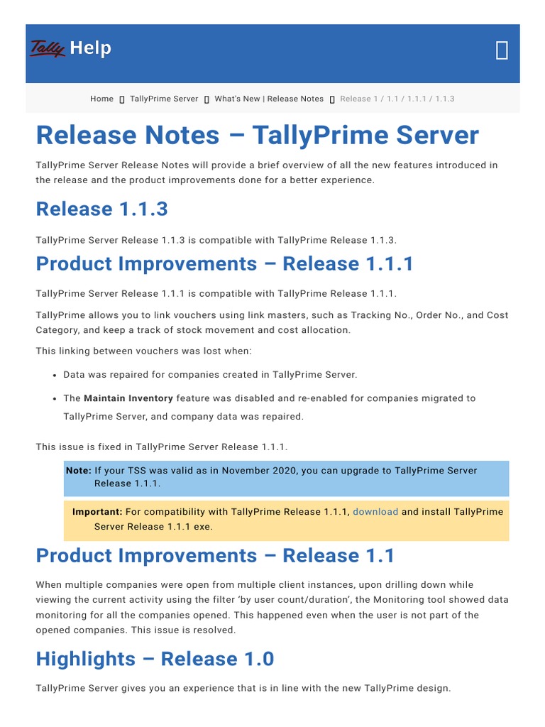 Release Notes - Tallyprime Server: Release 1.1.3 Product Improvements ... Release Notes - Tallyprime Server: Release 1.1.3 Product Improvements ...