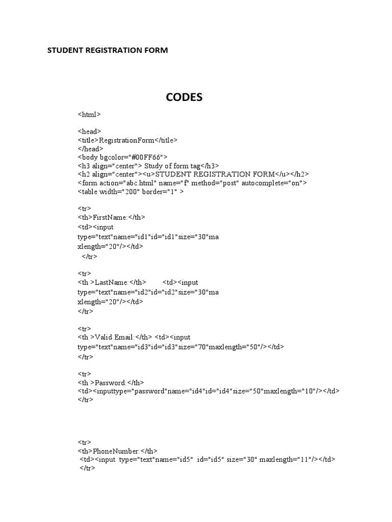 STUDENT REGISTRATION FORM - HTML | PDF