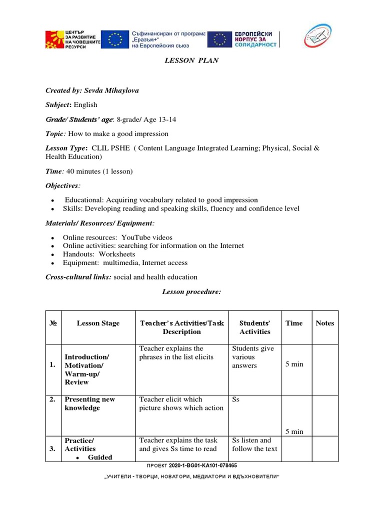 Lesson Plan 3 How To Make A Good First Impression | PDF | Teachers ...