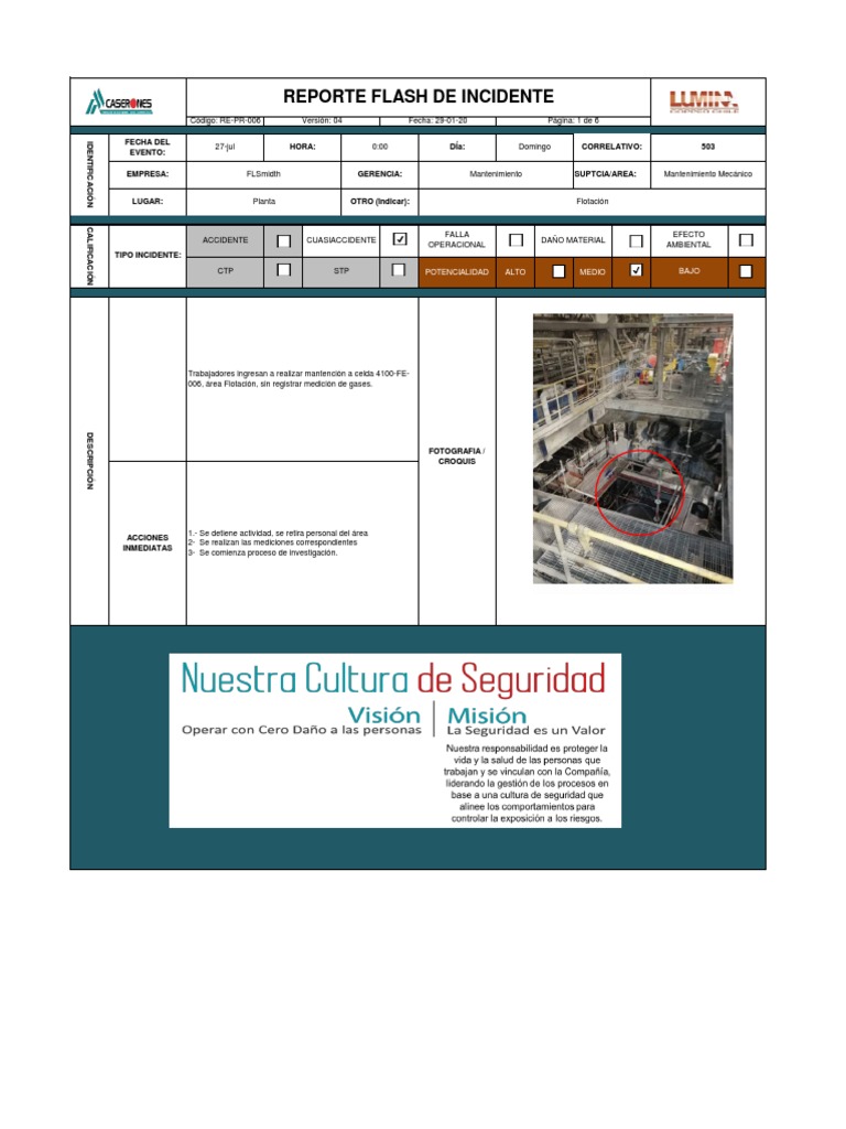 LOG 503 Reporte Flash Cuasi Accidente FLSmidth - Mantenimiento 27-07-20 N503 | PDF