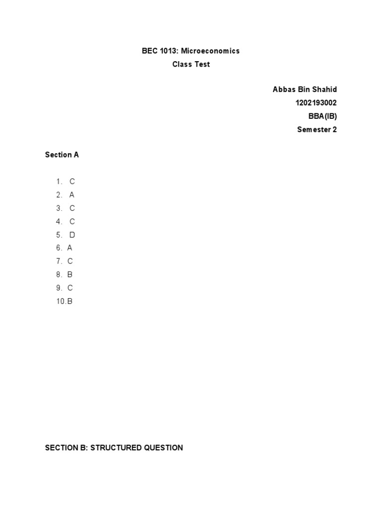 BEC 1013 - Microeconomics Test by Abbas 1202193002 | PDF | Demand ...