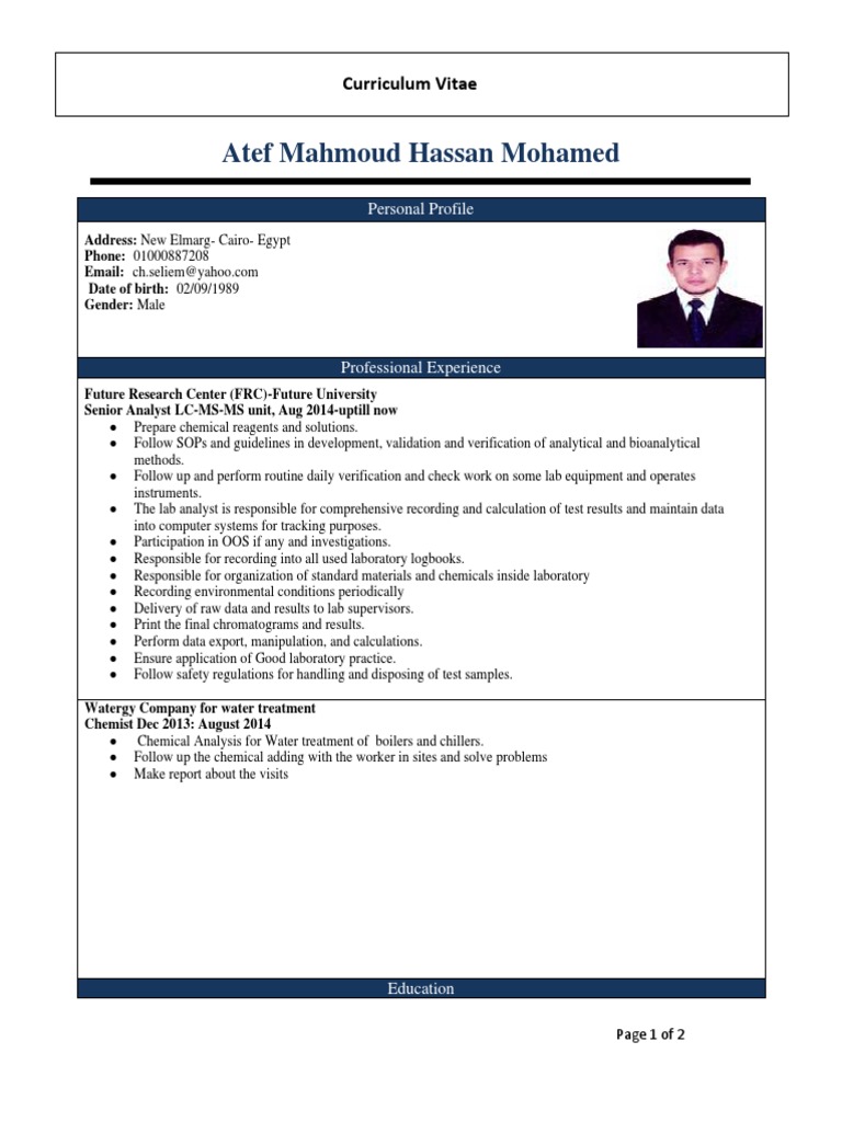 Atef Mahmoud Hassan Mohamed: Curriculum Vitae | PDF | Laboratories | Analytical Chemistry