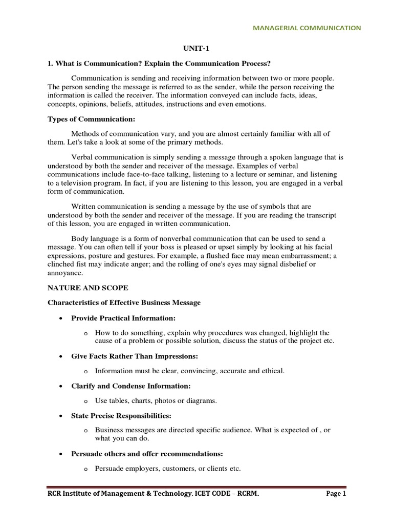 UNIT-1 1. What Is Communication? Explain The Communication Process ...