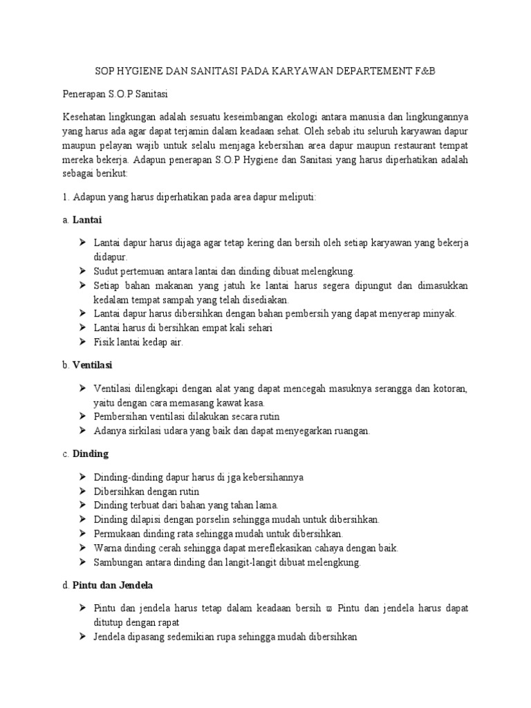 Sop Hygiene Dan Sanitasi Pada Karyawan F&B | PDF