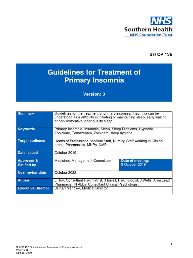 SH CP 136 Guidelines For Treatment of Primary Insomnia V3 | PDF ...