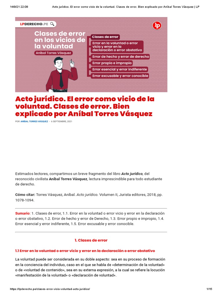 Acto Jurídico. El Error Como Vicio de La Voluntad. Clases de Error. Bien Explicado Por Aníbal ...