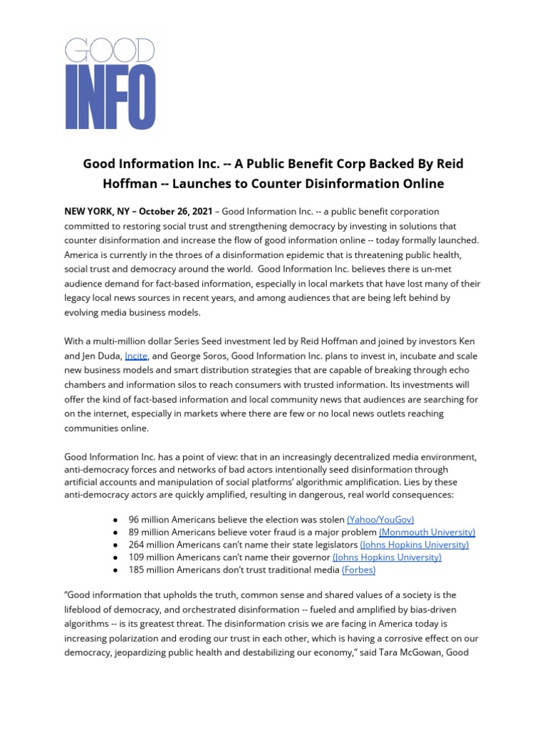 GoodInformation Inc Press Release Oct 26 2021 | PDF | News | Social Media